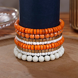 LUREME Bohemian Beads Cube Multi Strand Stretch Stackable Bangle Bracelet Set-Orange (bl003172-2)