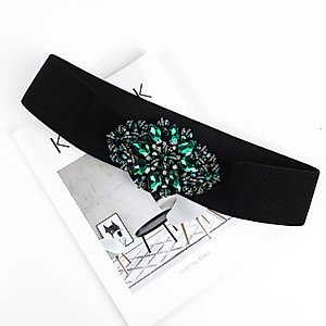 E-Clover Fashion Floral Rhinestone Buckle Women's Elastic Waist Cinch Belt for Dress for Waist Size 25''-32''(Green1)