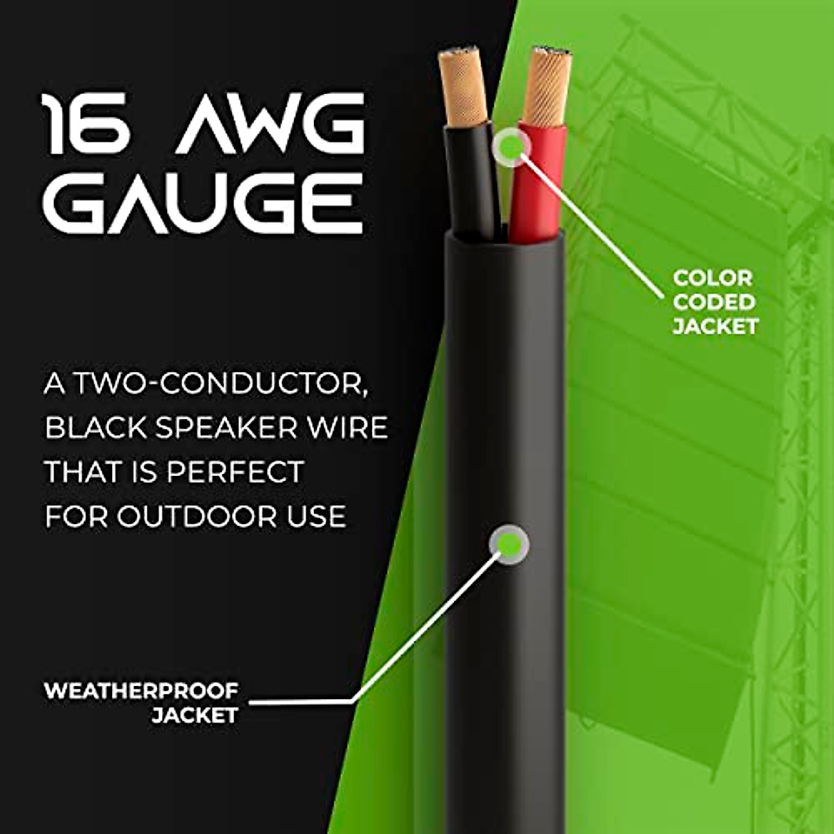 GearIT 16/2 Speaker Wire (100 Feet) 16 Gauge (Copper Clad Aluminum) - Outdoor Direct Burial in Ground/in Wall / CL3 CL2 Rated / 2 Conductors - CCA, Black 100ft