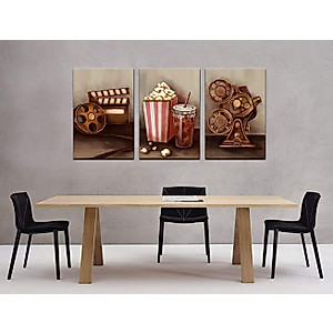 sechars - Extra Large 3 Piece Painting Wall Art Film Reels Popcorn Filmmaking Canvas Art Modern Movie Theater Media Room Decor (24x36inchesx3pcs)