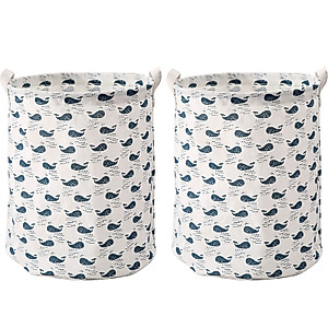 2 PCS Double Laundry Basket Organizer for Kids, Cotton Linen Foldable Tall Nursery Carrier Storage Basket with Handles, Waterproof Hampers for Clothes, Home, Baby, Boys, Dorm(Whale)
