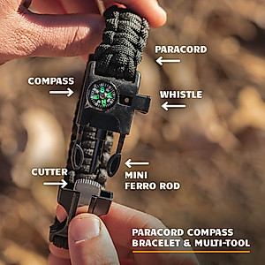 Bushcraft Survival Ferro Rod Fire Starter Kit & Backpacking Multitool | Flint and Steel Striker w/Paracord Bracelet Compass & Whistle | Waterproof Magnesium Farrow Rod Tool & Firestarter for Campfires