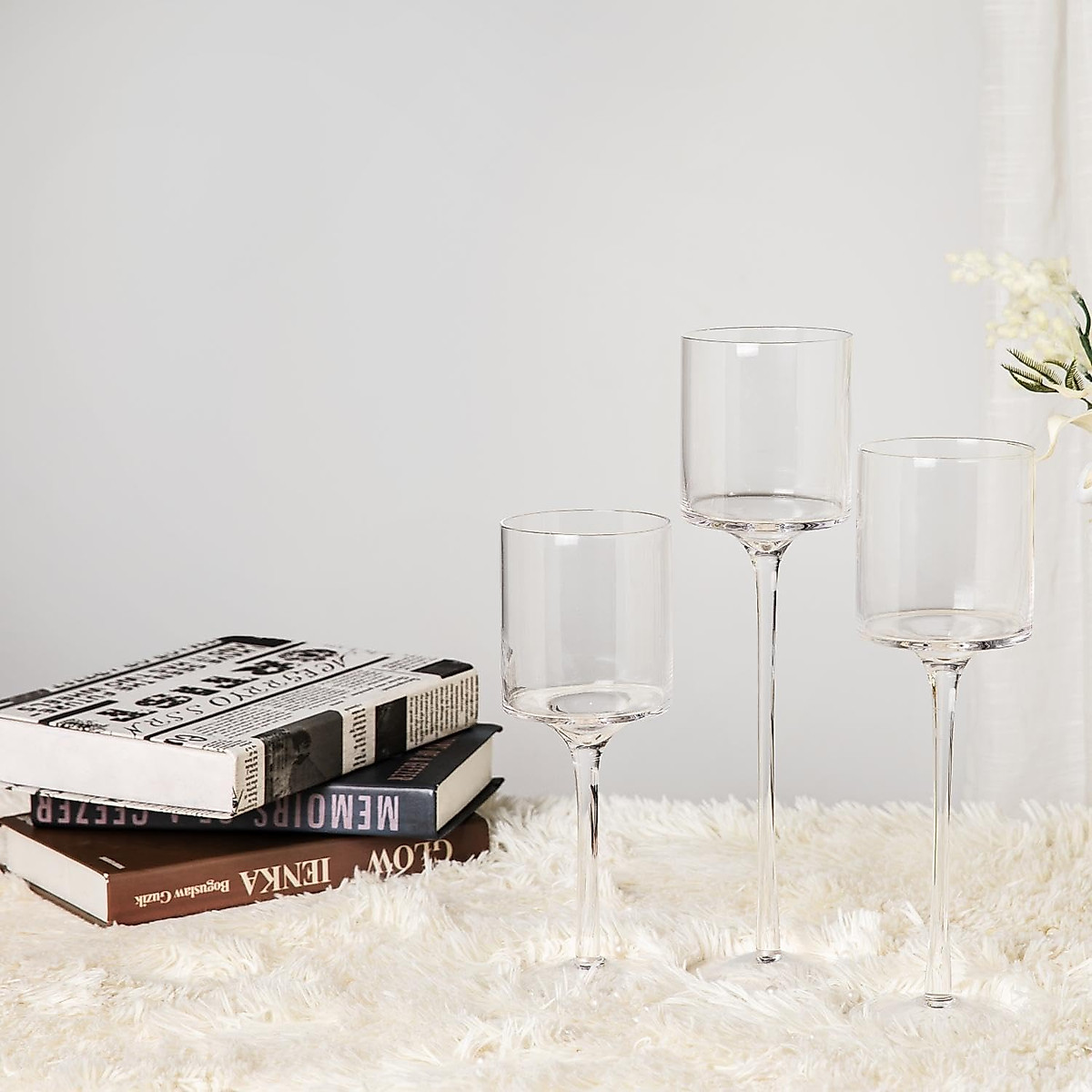 Glass Candleholders Tea Light Candle Holders Clear Wedding Weddings Hurricane Tall Elegant Ideal for Dining Party Home Decor Parties Table Settings Gifts High Different Sizes (6 Sets Large Clear)