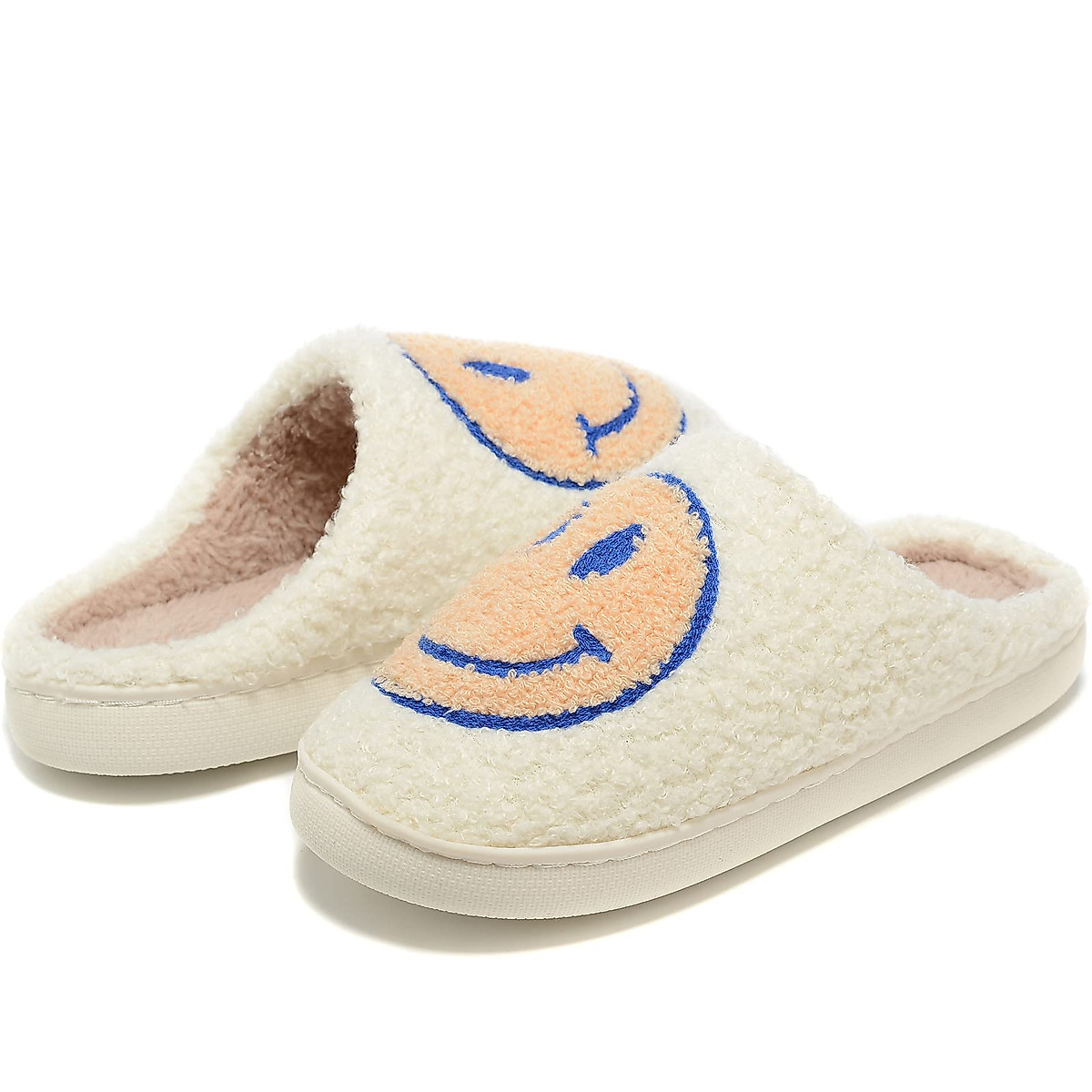 Smile Face Slippers for Women Men Warm Non-Slip Comfortable Home Happy Face Slippers Winter Slides, Blue, 7.5-8.5 Women/7-8 Men