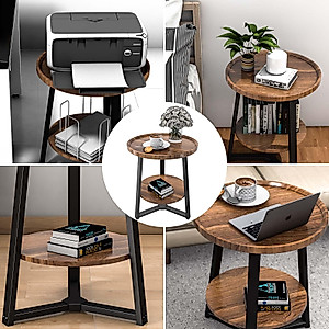 texinpress Round End Table with Storage Shelf, 2 Tier Round Side Table Nightstand for Living Room, Bedroom, Wood Tabletop and Black Metal Frame (19.7 * 19.7 * 21.7 inches)