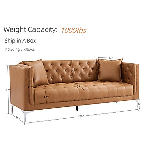 HIFIT 79'' Modern Sofa Couches for Living Room, 3 Seater Sofa with Deep Seats and 2 Pillows, Handmade Button Tufted Leather Couch for Apartment | Office 79''W x 30''D x 30''H, Brown