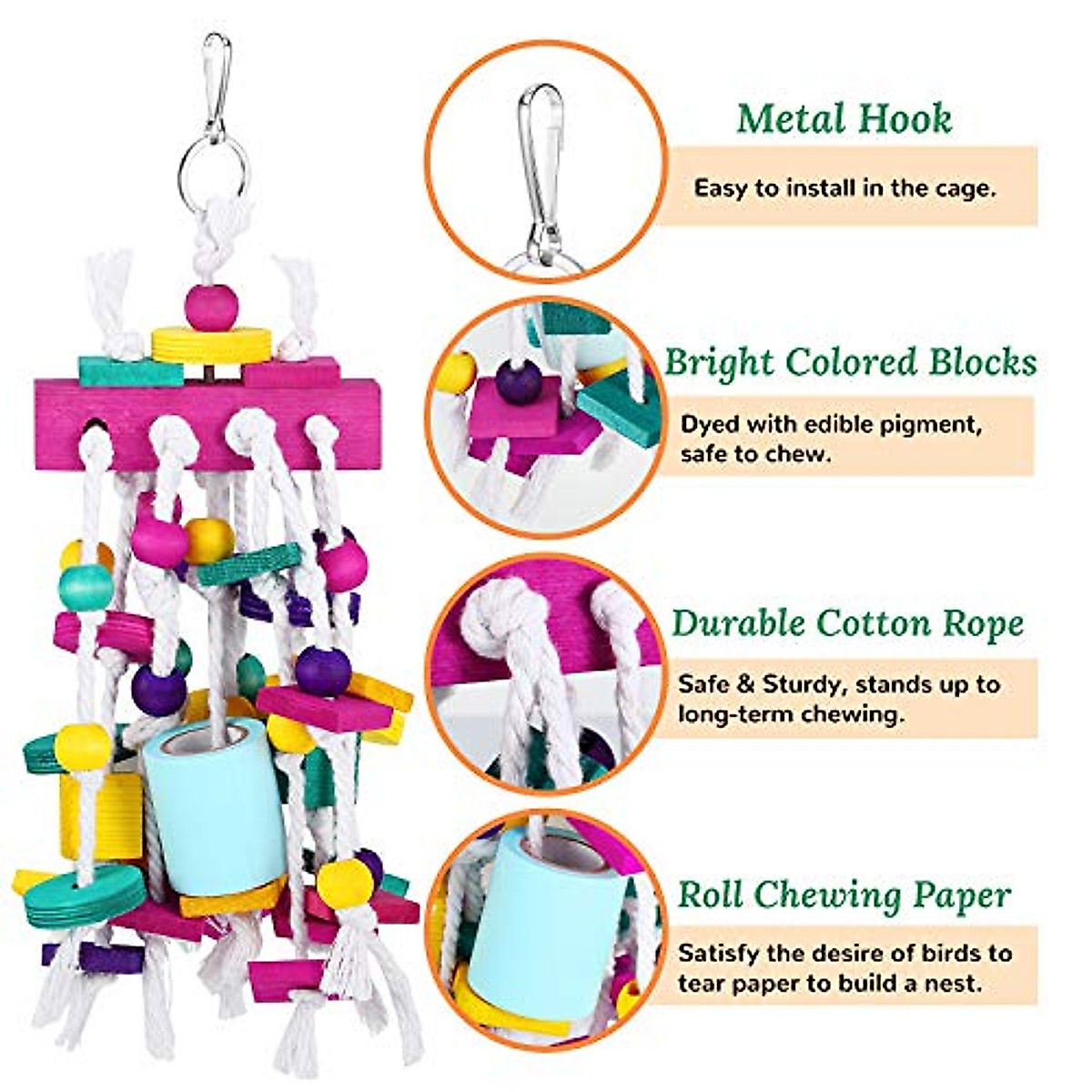 Pawaboo Pet Bird Chewing Toys, Parrot Cage Bite Toys, Bird Tearing Entertaining Toys, Multicolored Wooden Block Tearing Toys for Small and Medium Parrots and Pet Birds, Colorful