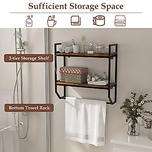 GOFLAME 2-Tier Industrial Bathroom Shelves with Towel Bar, Over The Toilet Shelf Wall Mounted with Metal Frame, Wall Storage Organizer Shelf for Bathroom, Living Room, Kitchen, Rustic Brown