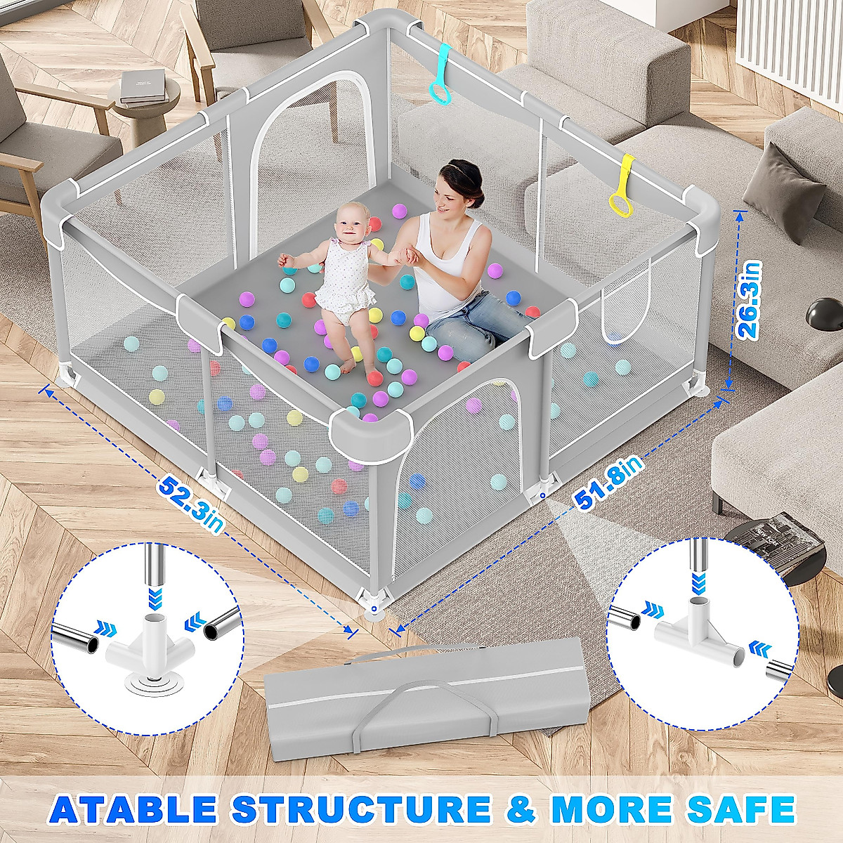 Baby Playpen, Playpen for Babies with Breathable Mesh and Zipper Gates, Indoor & Outdoor Play Pens for Kids Activity Center with Anti-Slip Base, Sturdy Safety Playpen, Kid's Fence for Infants