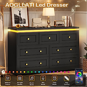 AOGLLATI Dresser for Bedroom, Black Dresser with 7 Drawers, Dressers & Chest of Drawers, Modern Led Wide Long Bedroom Dresser with Top Floating Design for Bedroom Hallway,Black