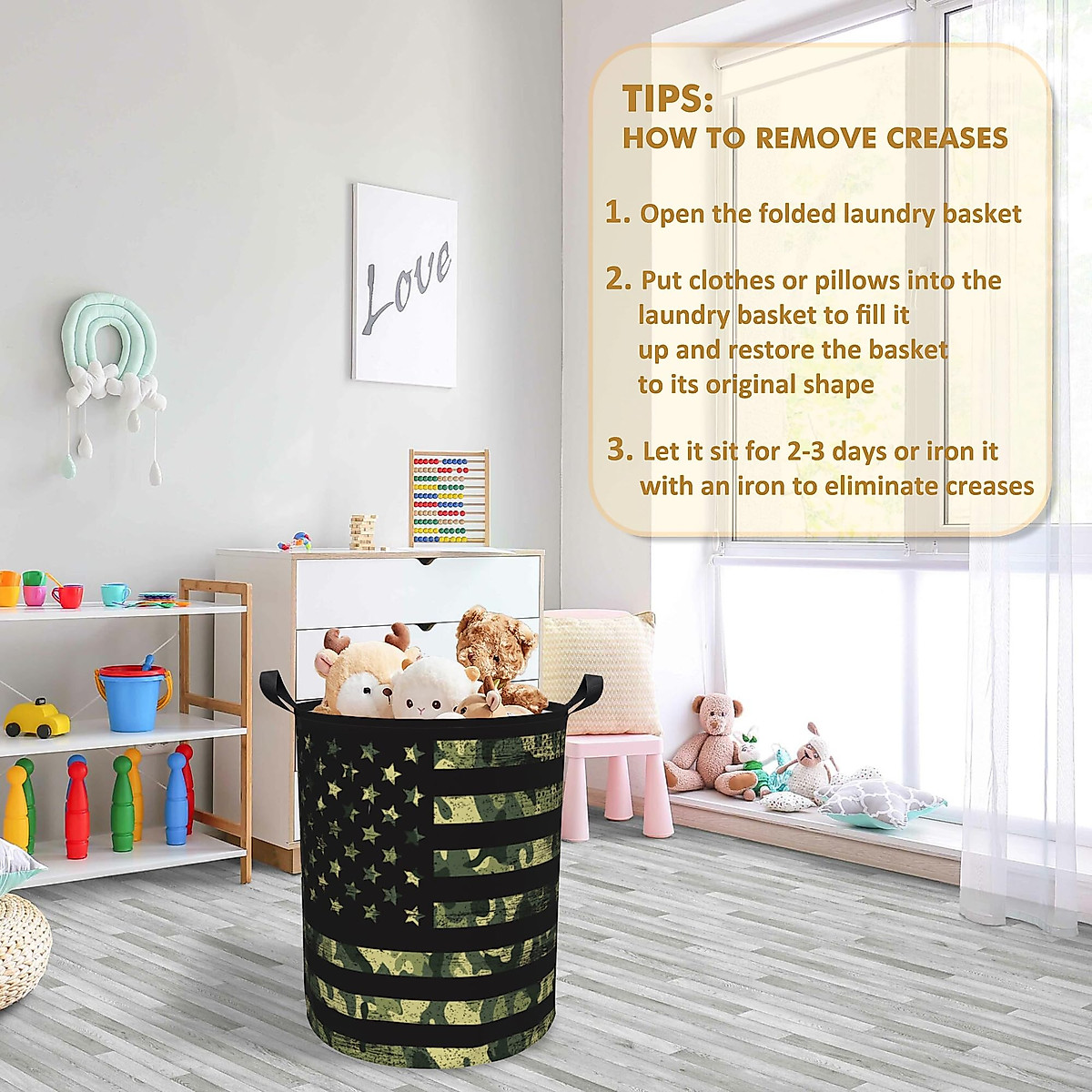 iapodiad Collapsible Laundry Basket Camo American Flag Large Organization Clothes Hampers Home Dorm Sundries Tote Storage Basket