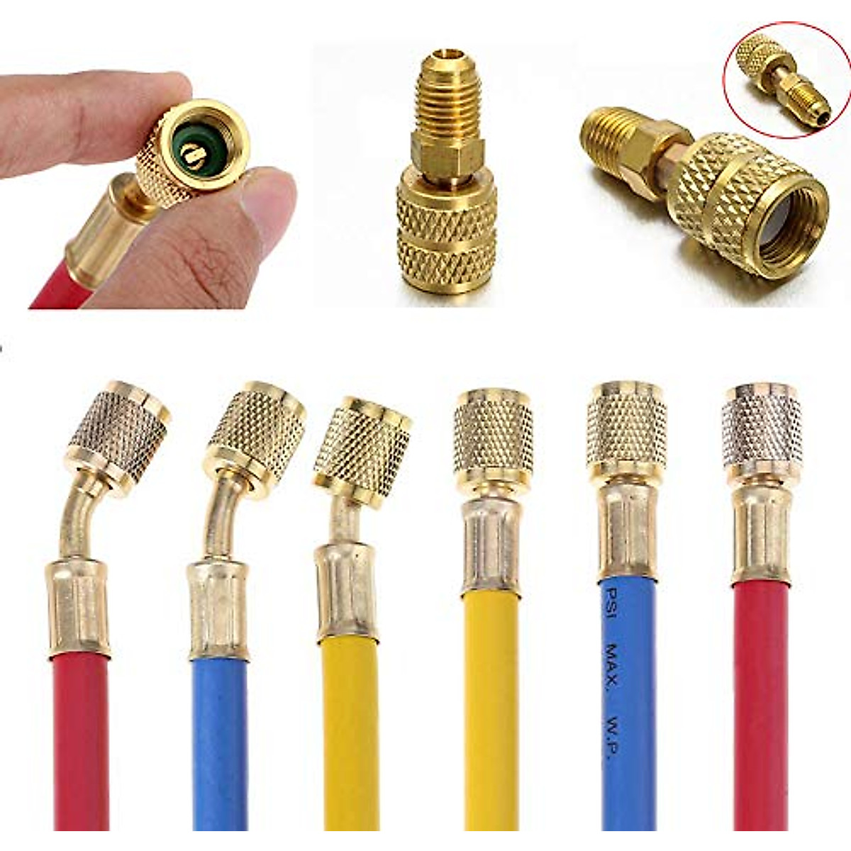 Air conditioning Refrigerant Charging Hoses with Diagnostic Manifold Gauge Set and 2 Quick Coupler for R410A R22 R404 Refrigerant charging,1/4" Thread Hose Set 60" Red/Yellow/Blue (3pcs)