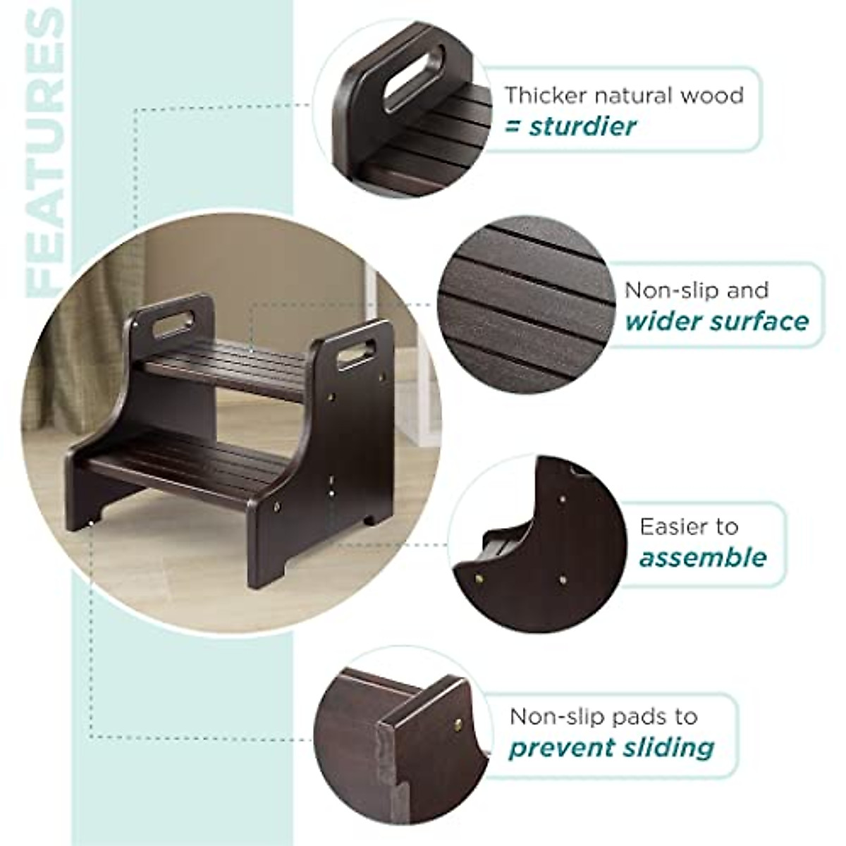 2BHOME Wooden Heavy Duty 2 Step Stool - Holds up to 300Lb for Kitchen/Bathroom/Bedside Step Stool (Walnut)