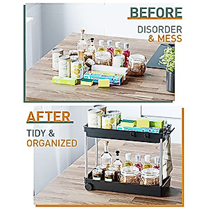 Under Sink Organizer, 2 Tier Under Bathroom Cabinet Storage, Pull Out Under Sink Storage Rack, Under Cabinet Organizer and Storage with Hooks, Multi-purpose Shelf Organizer for Bathroom/Kitchen