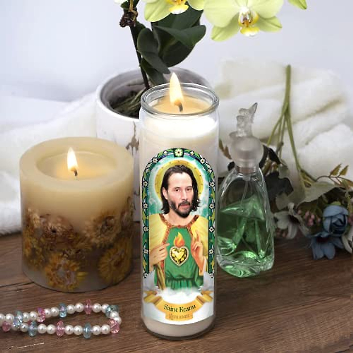 LitFriends Saint Keanu Reeves Celebrity Prayer Candle: Non Scented | 8 inch Glass Prayer Votive - 100% Handmade in USA | Funny Gift Idea