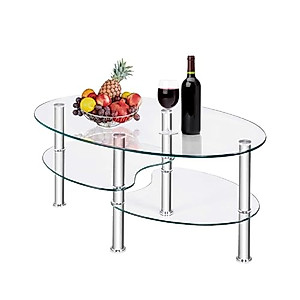 Glass Coffee Table, 3-Tier Oval-Shaped Glass Tea Table Modern Smooth Tea Table w/Spacious Glass Desk-Top Boards & Sturdy Chrome Plated Legs Home Office Reception