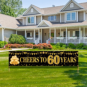 Happy 60th Birthday Banner Decorations for Men Women, Black Gold Cheers to 60 Years Birthday Sign Party Supplies, Sixty Anniversary Yard Banner Party Decor Photo Booth Props