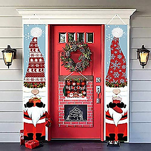 Merry Christmas Hanging Banner Porch Sign with Pattern Santa Claus Christmas Tree Snow Cap Gift Banner for Home Yard Indoor Outdoor Wall Door Christmas Party Decorations 72"x12"