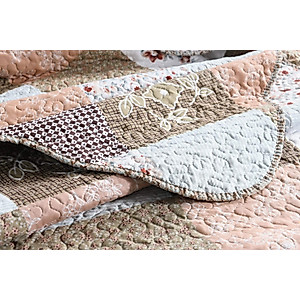 Travan 3-Piece Queen Quilt Set Quilted Bedspread Lightweight Reversible Coverlet Set Floral Printed Quilted Bedding Set with Shams for All Season, Brown Floral, Queen Size