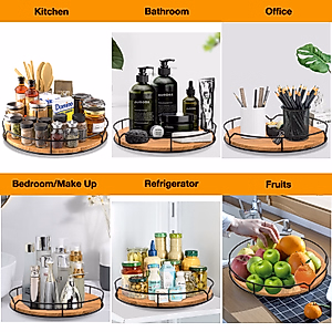 Lazy Susan Turntable Organizer with Anti-Slip Mat for Cabinet Pantry Kitchen Countertop Refrigerator Office, Pine Wood, 13", Carbonized Black