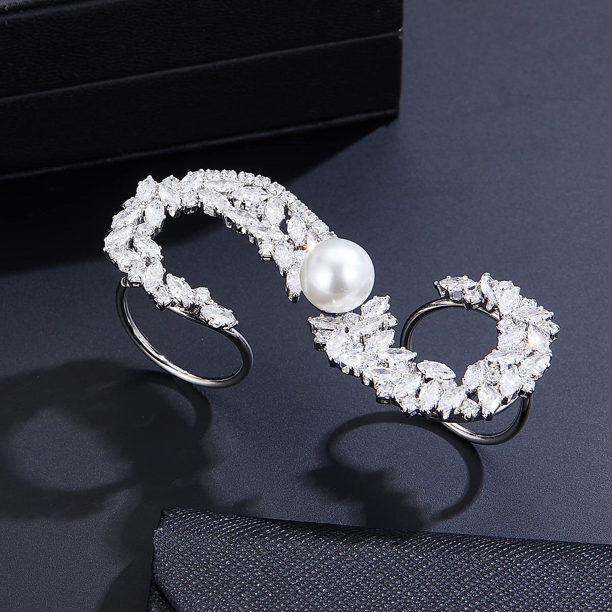 Aprilery Three-Finger Statement Rings for Women, Unique Pearl CZ Crystal Adjustable Open Ring Multiple Finger Cocktail Ring Jewelry Wedding Party Prom Accessory Gifts for Her Style 1