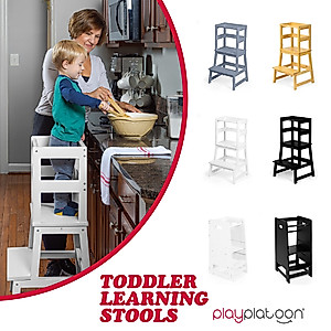 Play Platoon Toddler Kitchen Stool - Light Wood Wooden Step Stool Tower for Kids Kitchen Counter Learning, Standing Tower for Kitchen Counter, 3 Heights Adjustable Solid Wood, Non-Slip Mat for Safety