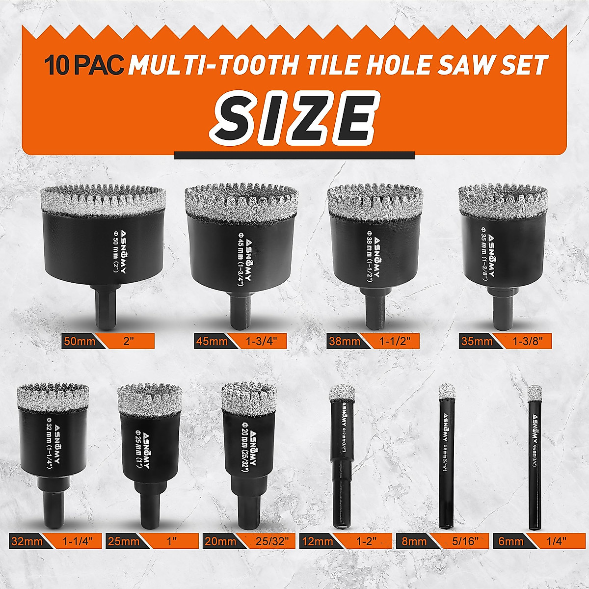 ASNOMY 10PCS Diamond Hole Saw Set, 1/4"-2"Inch Serrated Brazing Tile Hole Saw Diamond Core Drill Bits Set with EVA Mold Hole Saw Guide Jig for Porcelain Tile Glass Ceramic Stone Granite Marble