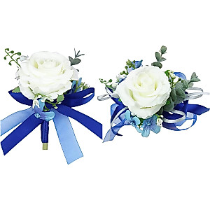MAFELOE Wrist Corsage and Boutonniere Set Artificial Rose Flowers Accessories for Groom Bride Groomsmen Bridesmaids Wedding Party Prom Suit - Blue White 2 Pieces