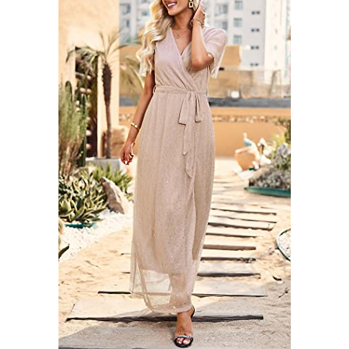 PRETTYGARDEN Women's Summer Maxi Glitter Dress Wrap V Neck Ruffle Sleeve Cocktail Party Long Dresses with Slit (Champagne,Large)