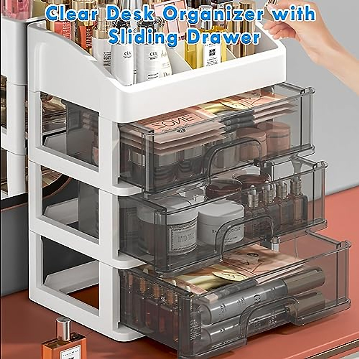 4 Tire Desk Drawer Organizer,3 Drawer Desktop Plastic Storage Drawers,Clear Desk Organizer with Sliding Drawer,Desktop Organization for Office School Home, Makeup Supplies,Transparent Gray