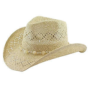 Vamuss Straw Cowboy Hat for Women with Beaded Trim and Shapeable Brim, Beige