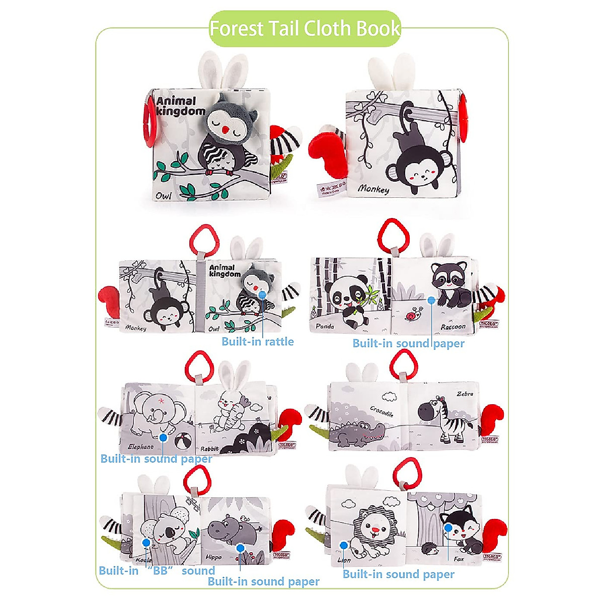 D-KINGCHY Baby Cloth Book Toy, Black and White Crinkle Tails Cloth Activity Books, Interactive Hanging Stroller Books for Newborn Infant, Early Development Toys with Sound for 0-2 Years Old