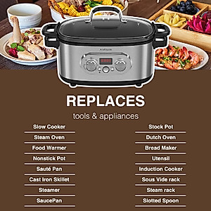 Anfilank 10-in-1 Programmable Slow Cooker with Timer, 6.8 Quart Crock Pot, Presets to Sous Vide, Bake, Sauté, Cook Rice& More, Nonstick Dishwasher-Safe Pot, Adjustable Temp&Time, Stainless Steel