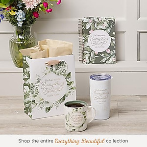 Christian Art Gifts Large Travel Tumbler for Women Stainless Steel Vacuum Insulated Inspirational Scripture: Everything Beautiful, Retractable Lid, Ivory White Floral, 18 oz.