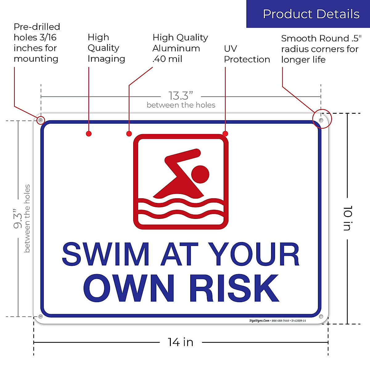 Swim at Your Own Risk Sign, Pool Sign, 10x14 Inches, Rust Free .040 Aluminum, Fade Resistant, Made in USA by Sigo Signs