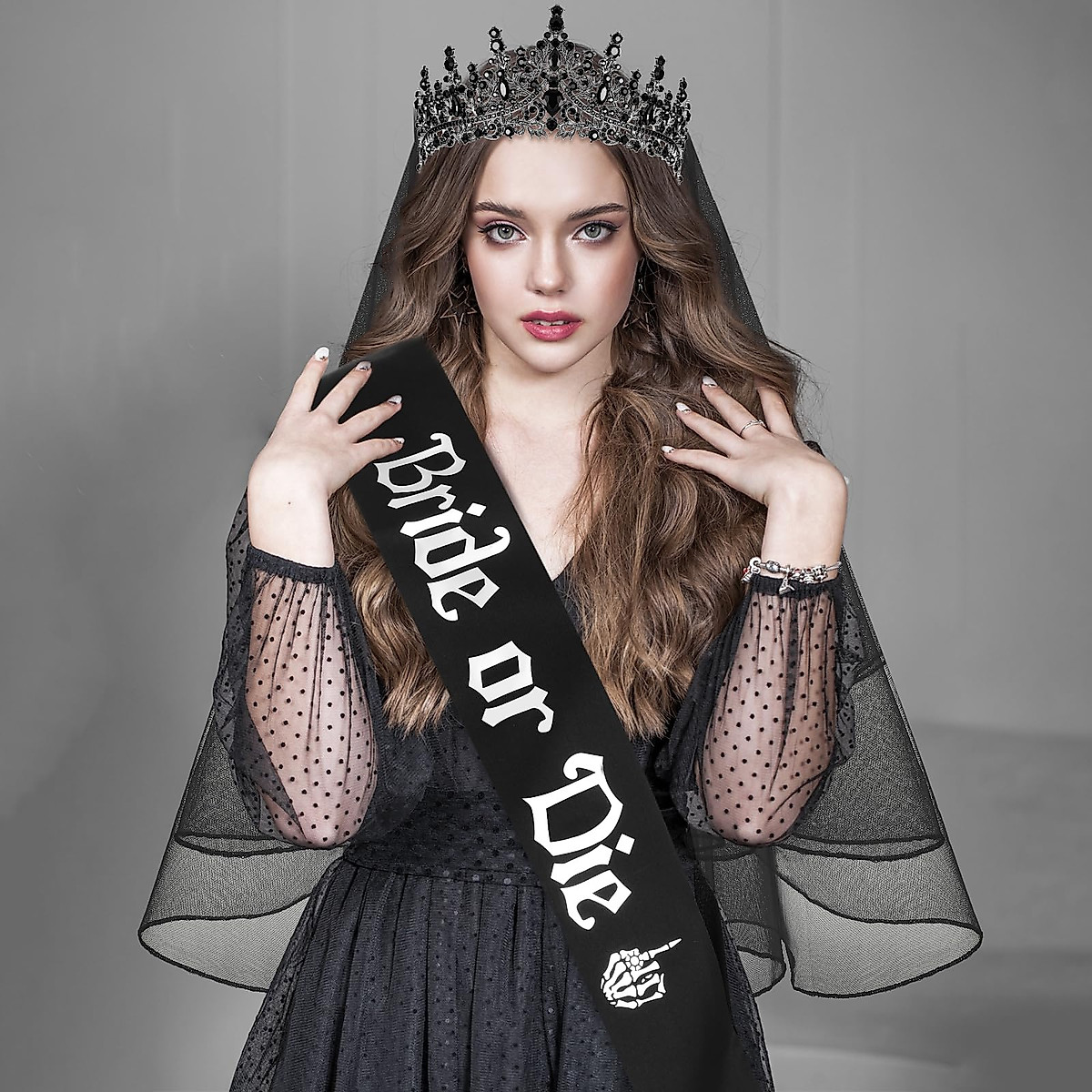 Panitay 3 Pcs Bride or Die Bachelorette Party Decorations Set Bride Crown Veil Sash Brides for Black Wedding Decorations Gothic Wedding Day Accessories Halloween