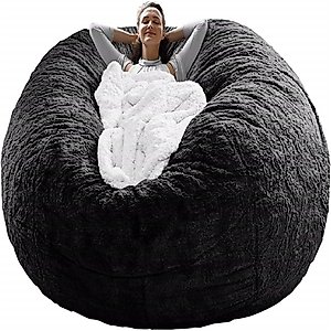 HARRYMONIYA Bag Chair Cover(it was only a Cover; not a Full Bean Bag) Chair Cushion; Big Round Soft Fluffy PV Velvet Sofa Bed Cover; Living Room Furniture; Lazy Sofa Bed Cover; 5ft Black