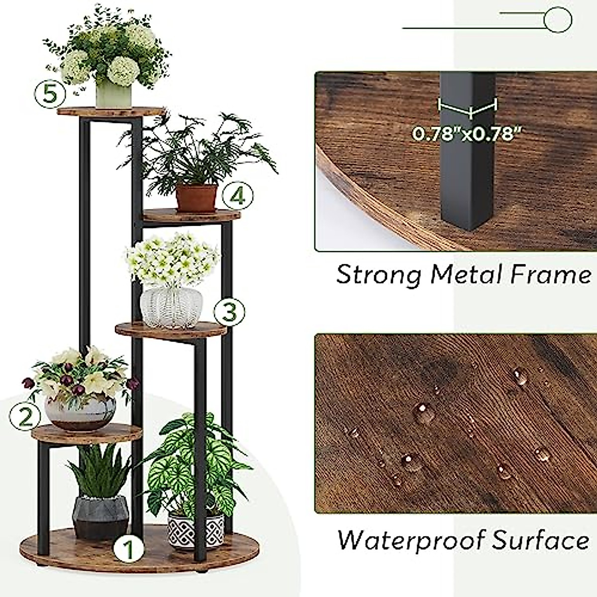 LITTLE TREE 5-Tier Corner Plant Stand, Free Standing Wood Metal Flower Rack Pot Shelf Display with Round Board, Garden Patio Balcony Plant Holder for Indoor Outdoor Living Room, Bedroom, Rustic Brown
