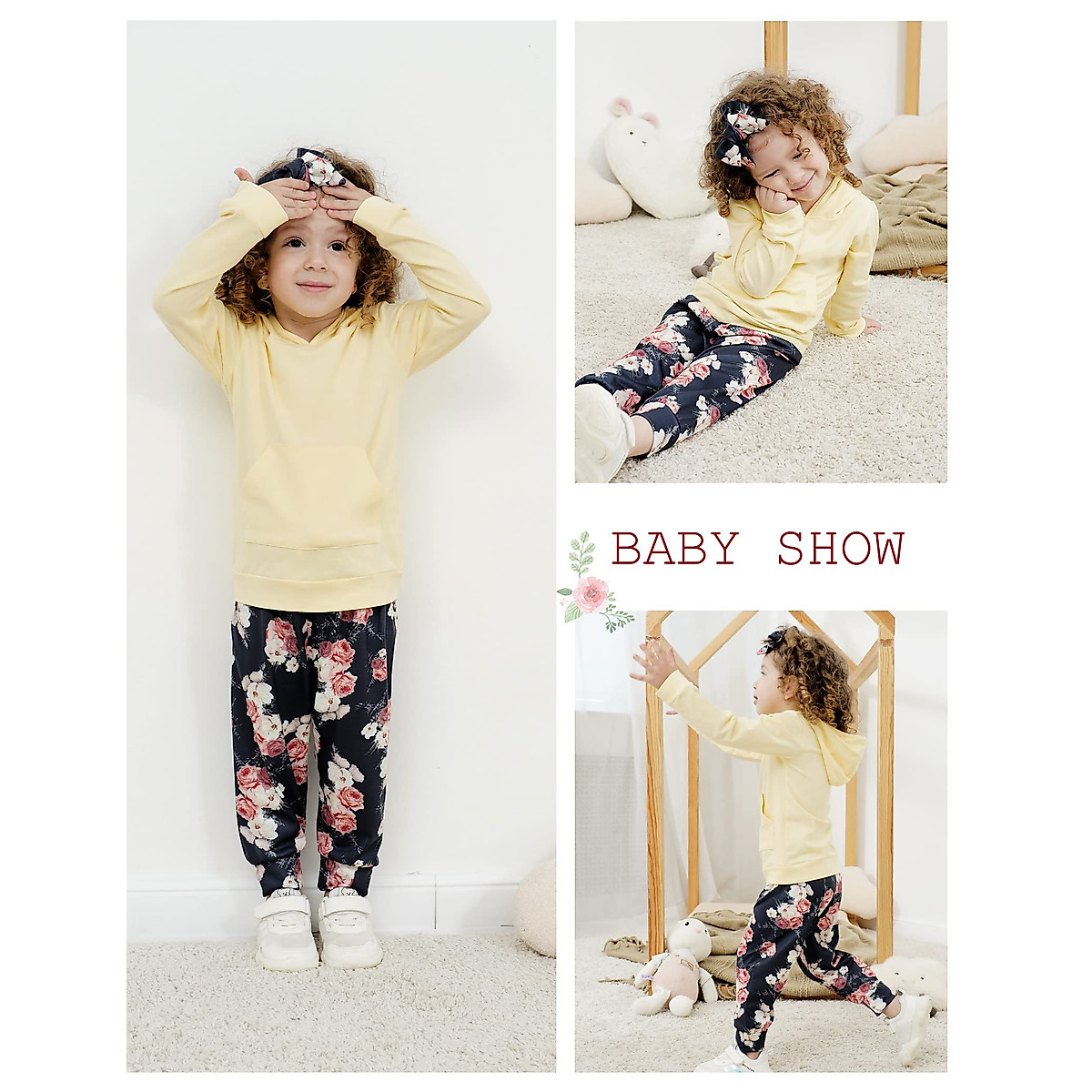 Okgirl Baby Girl Clothes Long Sleeve Hoodie Sweatshirt Floral Pants With Headband Outfit Sets(12-18 Months)