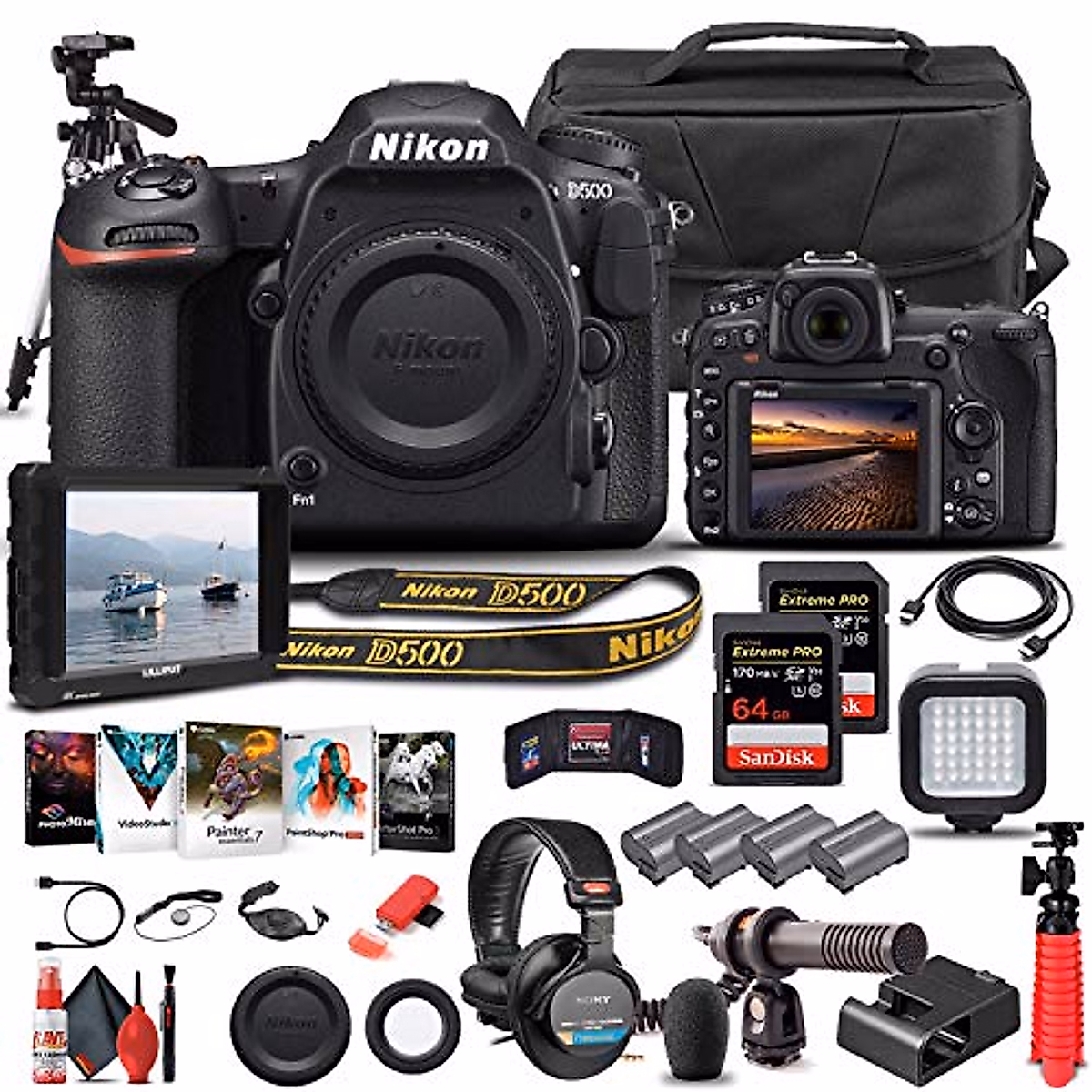 Nikon D500 DSLR Camera (Body Only) (1559) + 4K Monitor + Headphones + Pro Mic + 2 x 64GB Memory Card + Case + Corel Photo Software + Pro Tripod + 3 x EN-EL 15 Battery + Card Reader + More (Renewed)