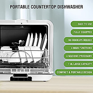 Portable Countertop Dishwasher, Compact Dishwasher with 4 Washing Programs and Air-Dry Function,7.8L 360°Fully Automatic Dishwashers for Small Apartment, Dorms, RVs