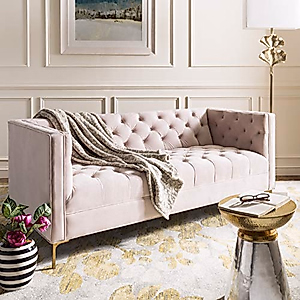 Safavieh Couture Home Vydia Glam Blush Pink Velvet and Gold Tufted Sofa