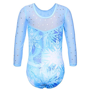 TFJH E Girls Gymnastic Leotards 3/4 Sleeve Mesh Practice Outfits size 5-6, SnowflakeBlue 6A