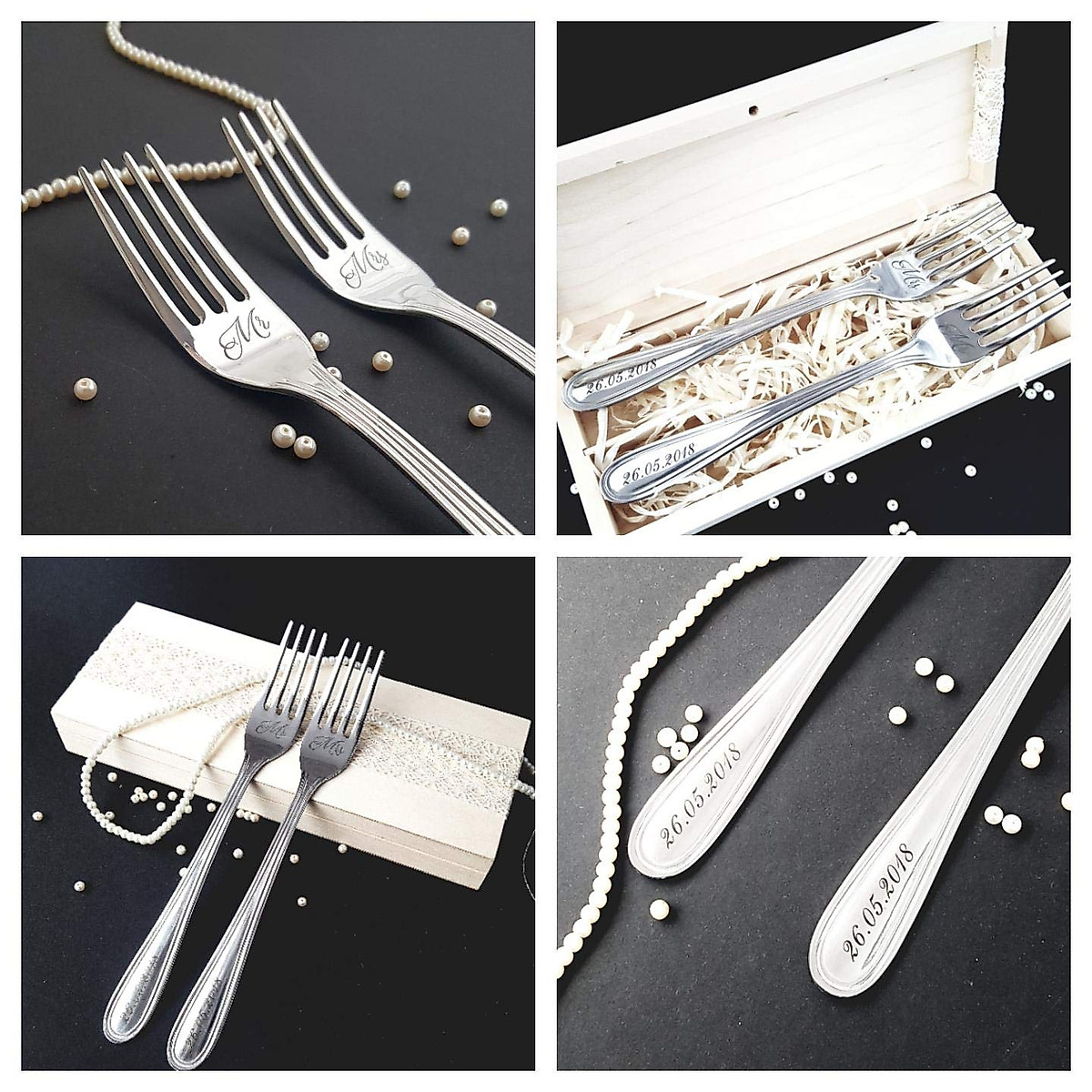 Personalized Reusable Silverware Sets for Bride and Groom, Engraved Mr and Mrs Forks for Wedding Cake Ceremony, Engagement Bridal Shower Anniversary Birthday Congratulations Gifts