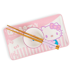 Sanrio Hello Kitty Pink 3-Piece Ceramic Sushi Set With Sauce Bowl and Chopsticks