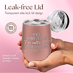 shop4ever A Wise Woman Once Said I'm Outta Here and Lived Happily Ever After Engraved Insulated Stainless Steel Wine Tumbler with Lid 12 oz. (Rose Gold)