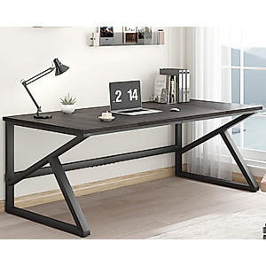 IBF Long Desks for Home Office, Large Metal Wooden Computer Desk for 2 Monitors, 70 Inch Two Person Desk for Executive Work Writing Study Gaming, Industrial Modern Big Double Desk, Dark Gray Oak