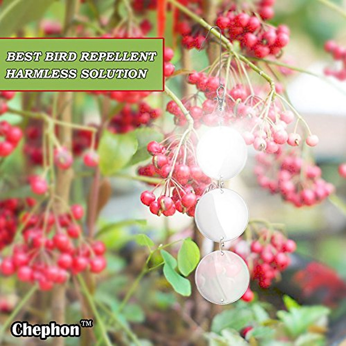 Chephon Upgraded Bird Scare Discs Set - Large 24 Discs- Highly Reflective Double-Sided Bird Reflectors, Better Bird Scare Devices to Keep All Birds Away Like Woodpecker and Pigeon