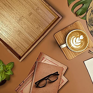 Serving Tray Bundled , with Coasters 2 Wooden & 4 Matching Handles Trays Sizes Bamboo Unfinished Wood Coasters, Light Golden (WDTRY001)