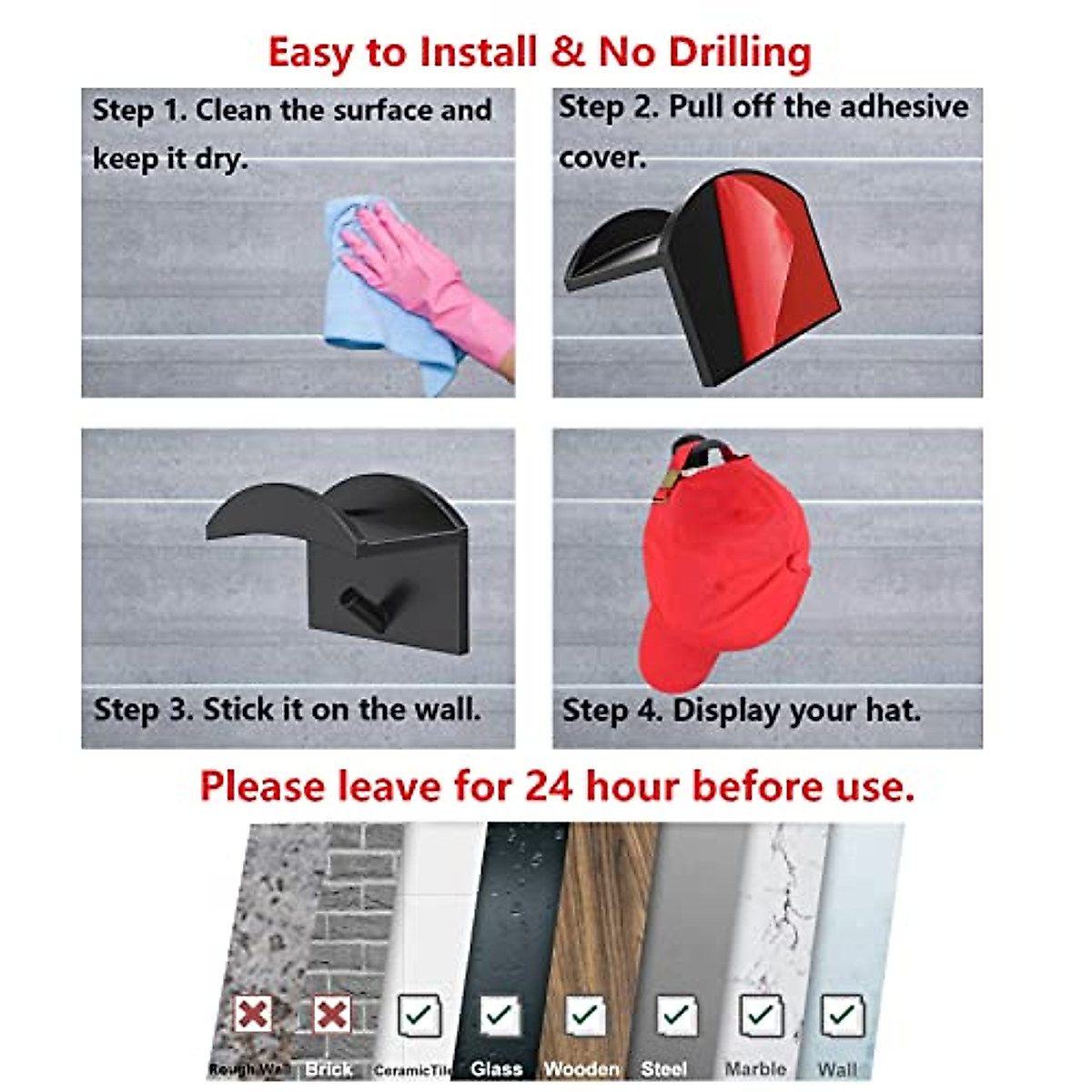 MOODKEY 12PACK Adhesive Hat Hooks for Wall Hat Hangers Hat Rack for Baseball Caps Hat Holder Wall Mount Hat Organizer Minimalist Cap Hangers Display for Wall Door Closet Office